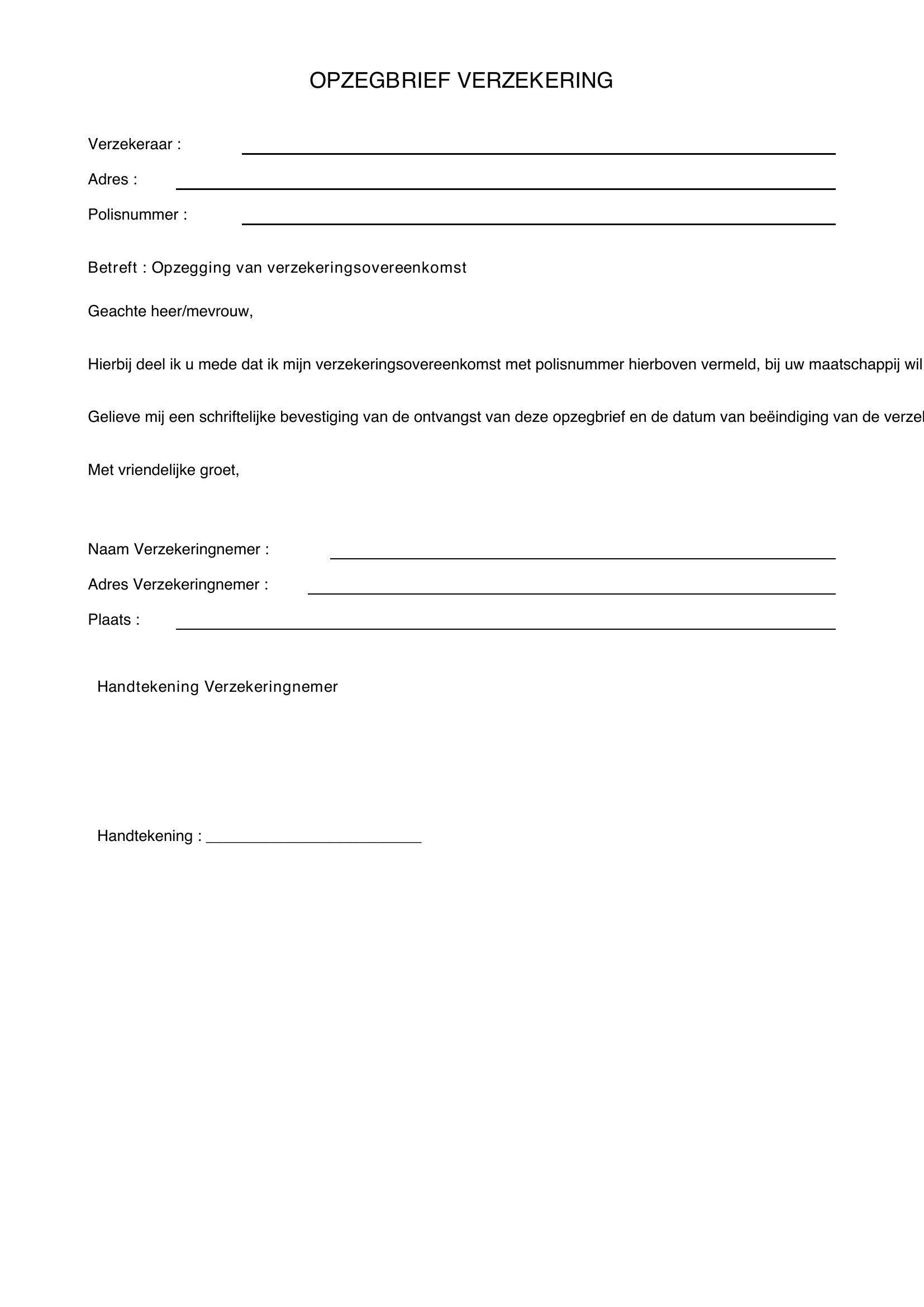 Opzegbrief Verzekering Voorbeeld België