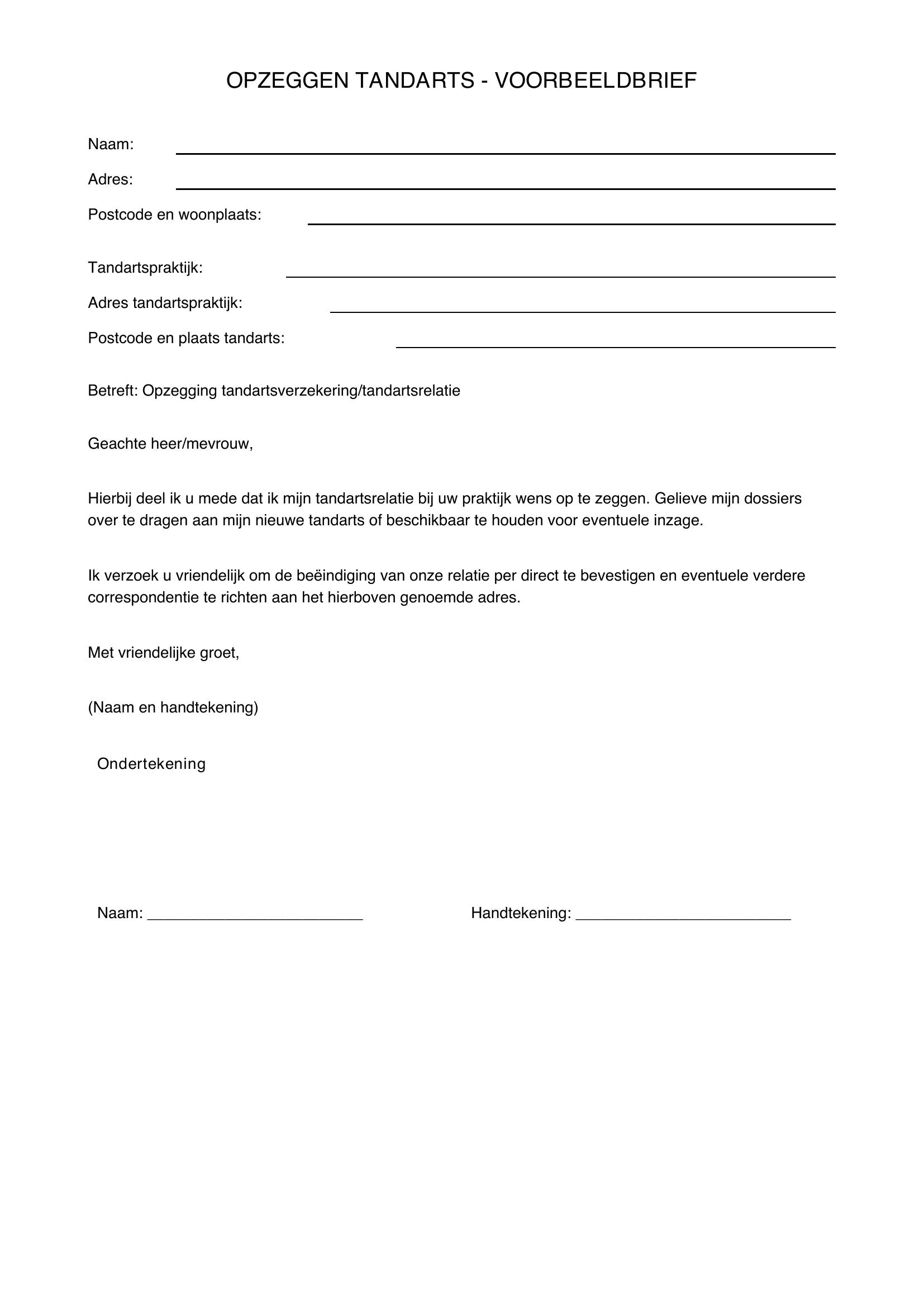 Opzeggen Tandarts Voorbeeldbrief