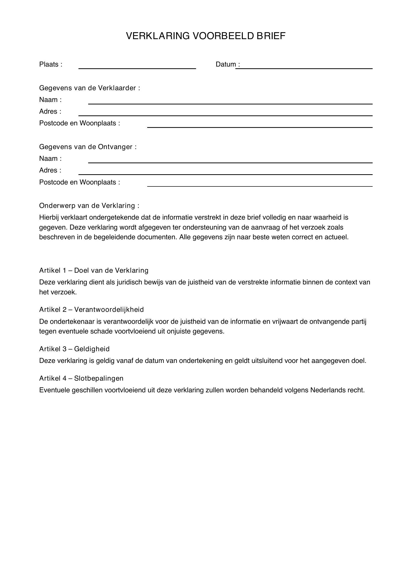 Verklaring Voorbeeld Brief
