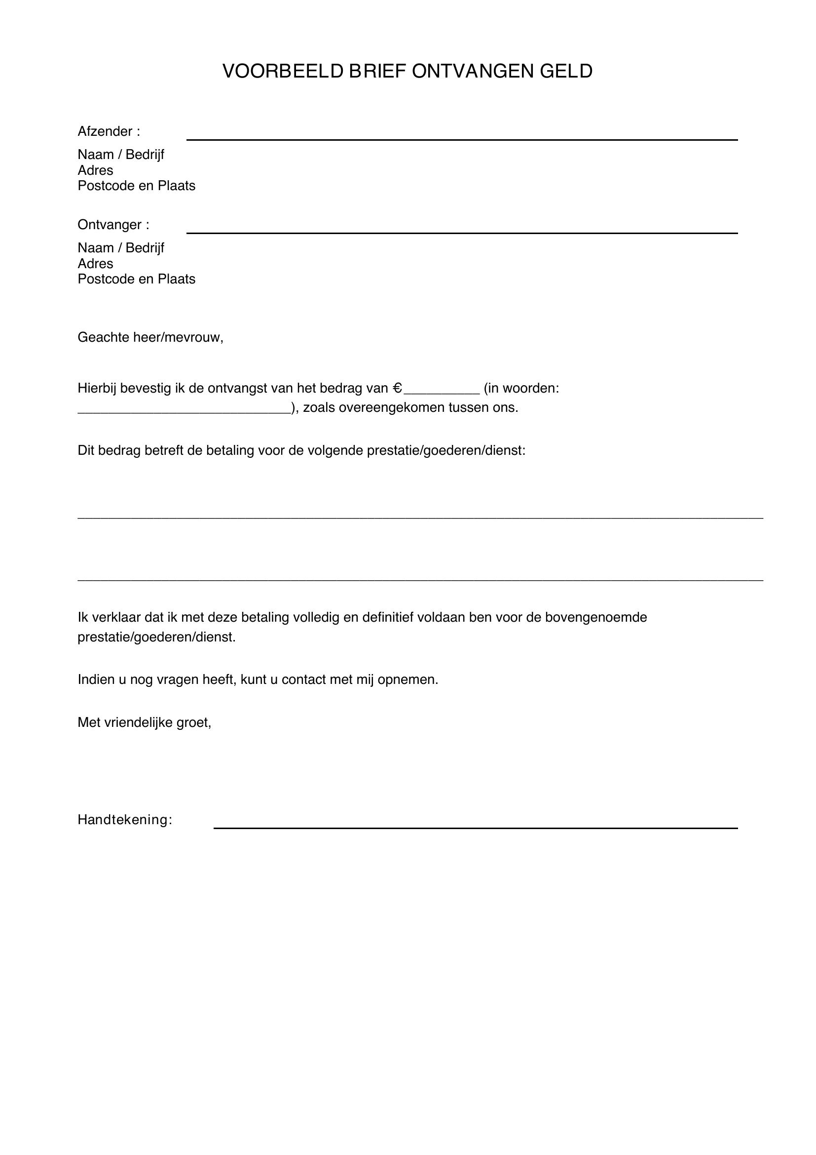 Voorbeeld Brief Ontvangen Geld