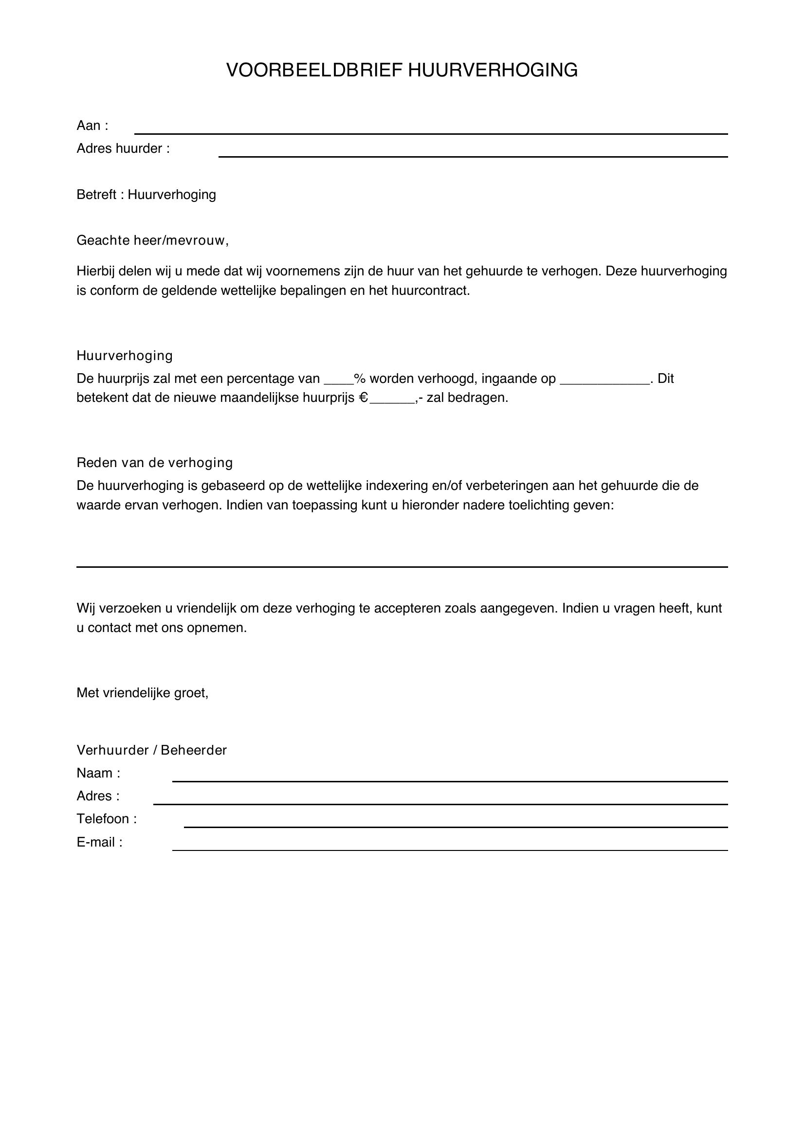 Voorbeeldbrief Huurverhoging