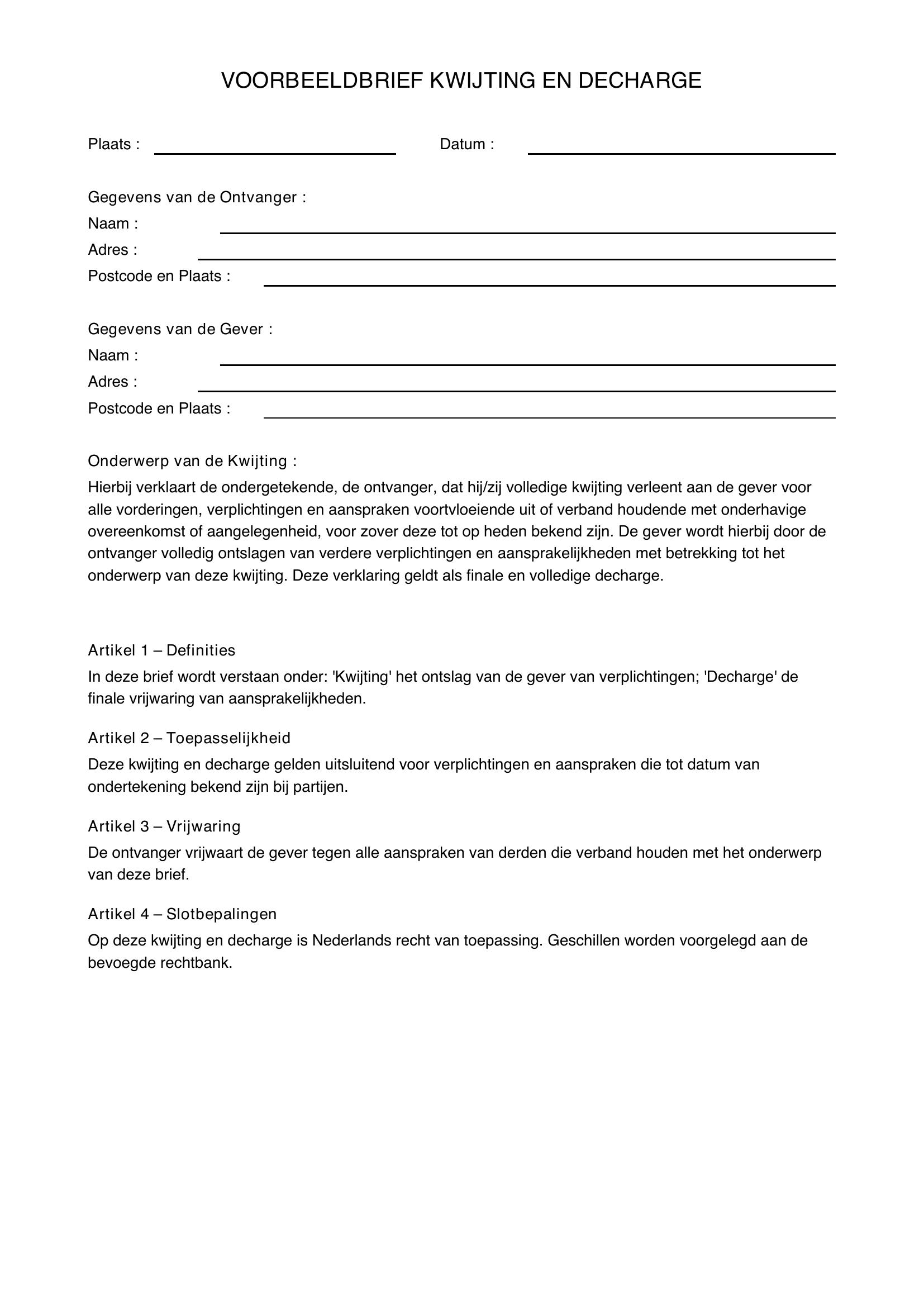 Voorbeeldbrief Kwijting En Decharge