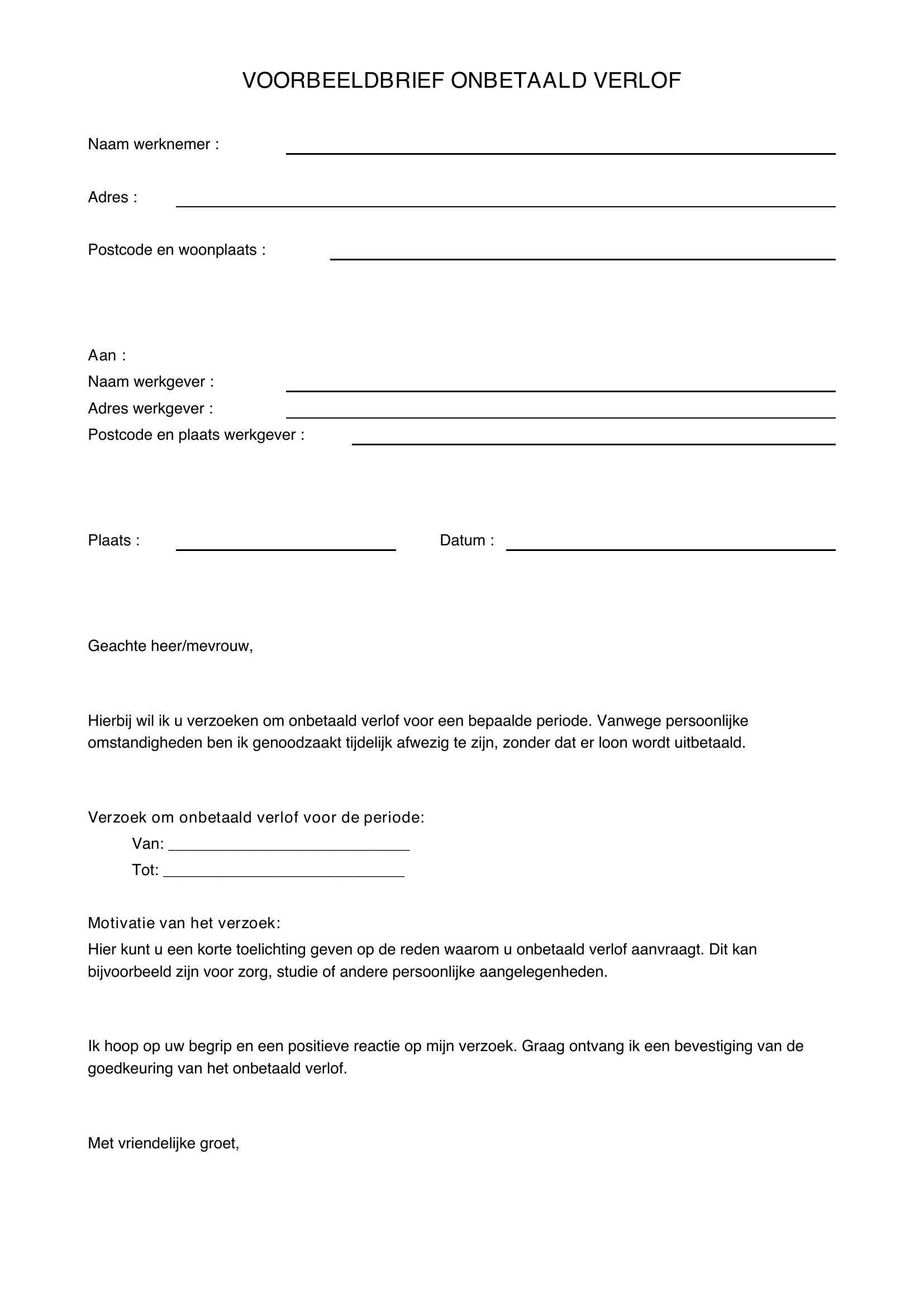 Voorbeeldbrief Onbetaald Verlof