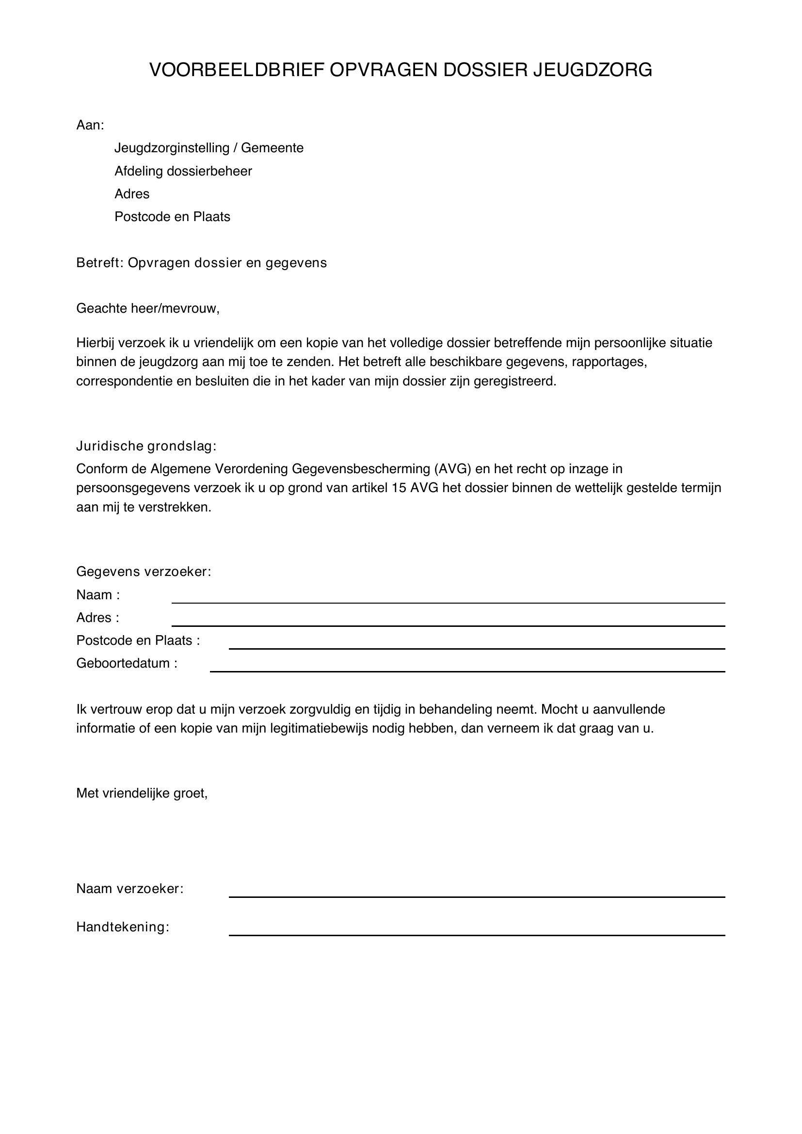 Voorbeeldbrief Opvragen Dossier Jeugdzorg