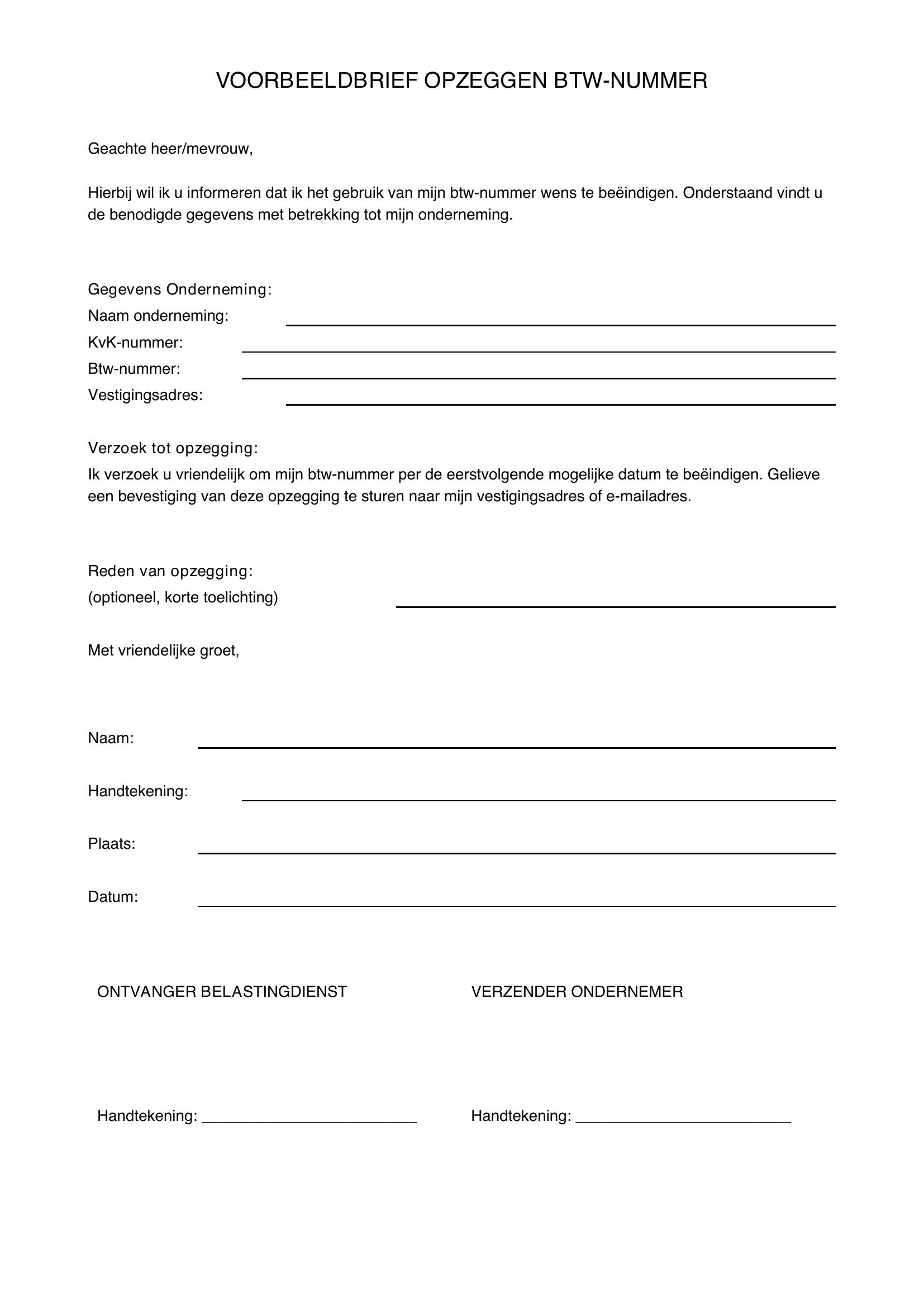 Voorbeeldbrief Opzeggen Btw-Nummer