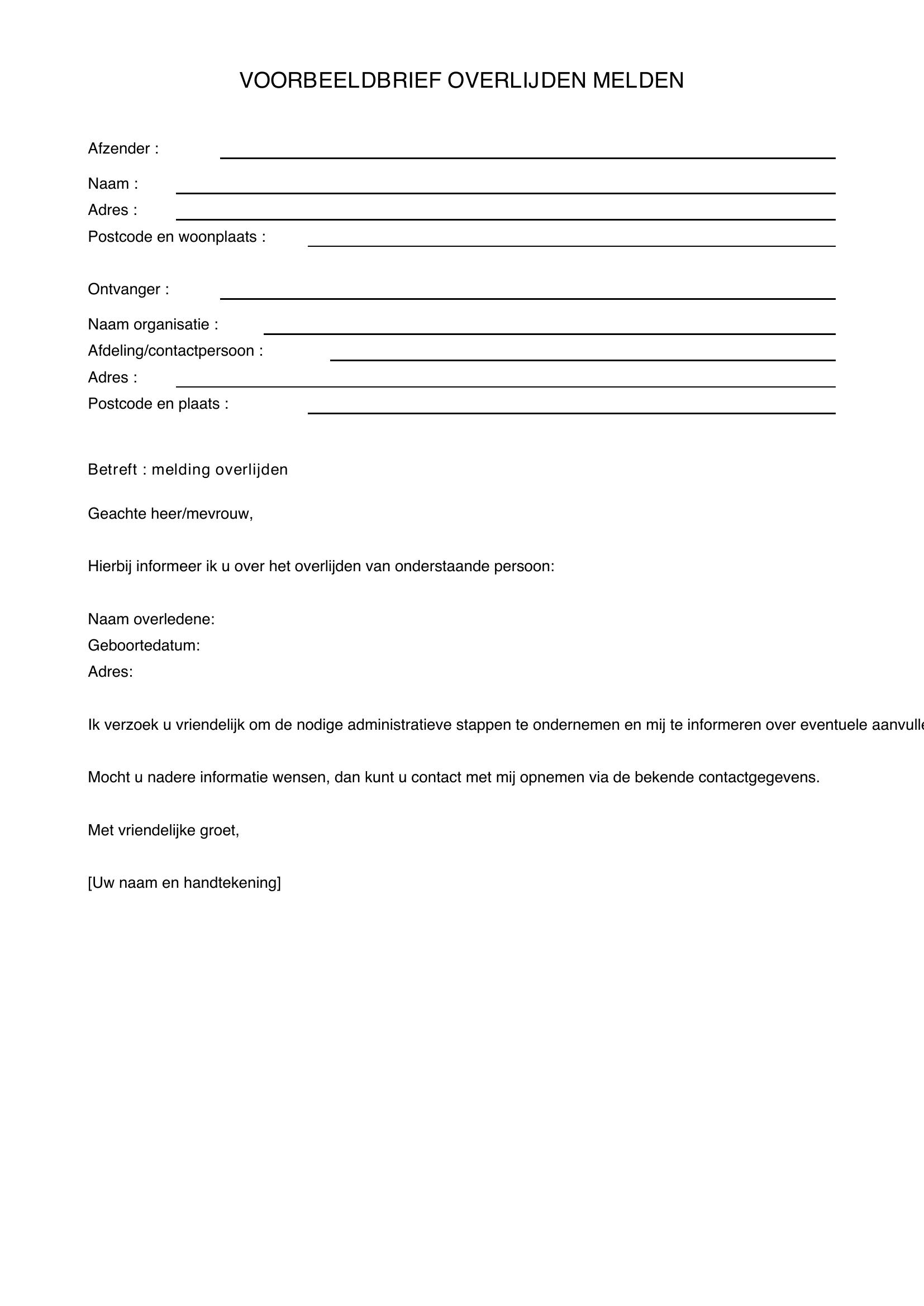 Voorbeeldbrief Overlijden Melden