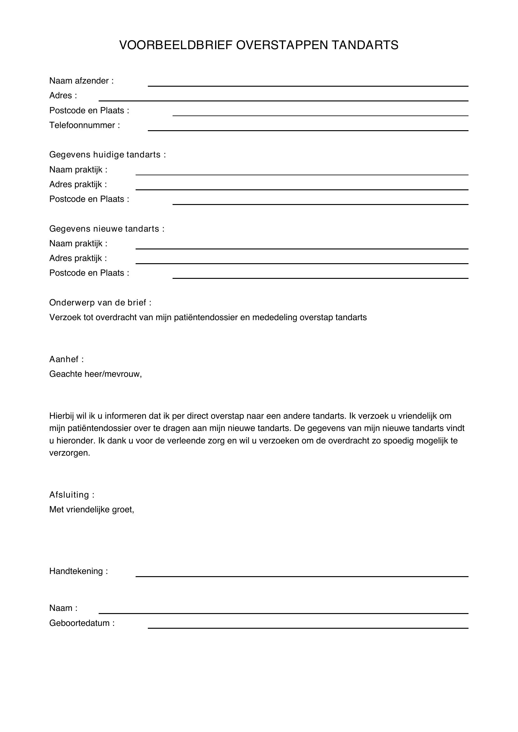 Voorbeeldbrief Overstappen Tandarts